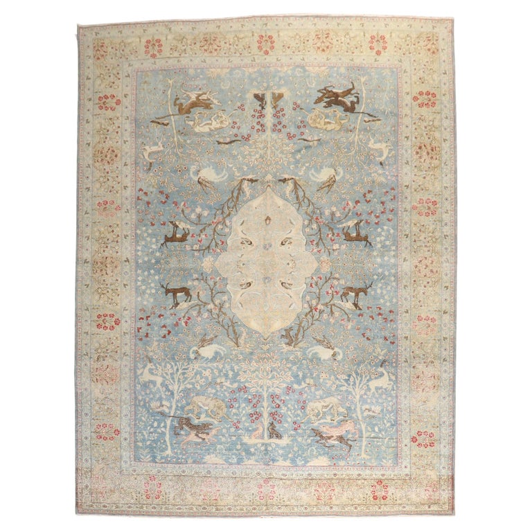 Blue Persian Tabriz Hunting Animal Pictorial Rug For Sale at 1stDibs