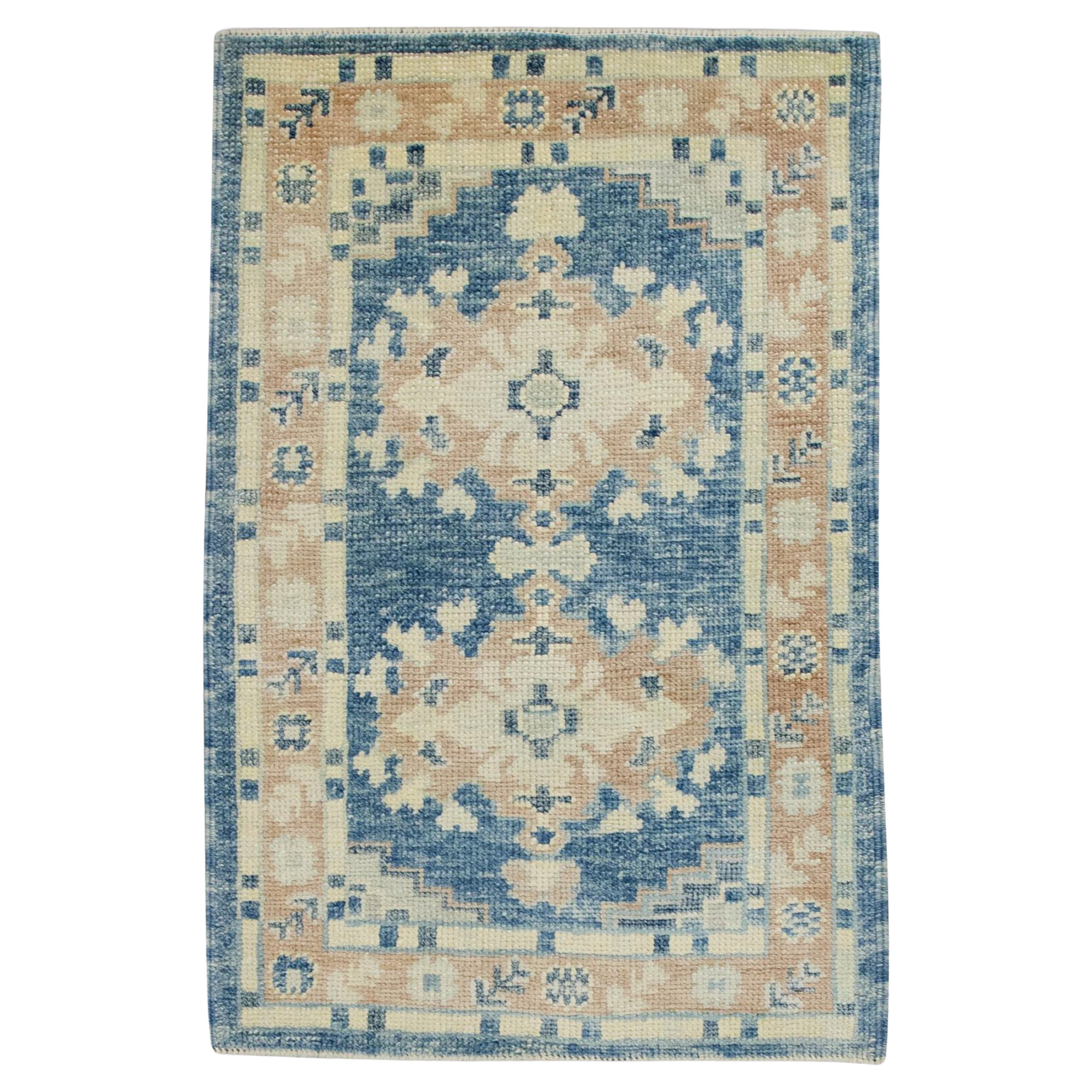 Blue and Pink Geometric Design Handwoven Wool Turkish Oushak Rug For ...