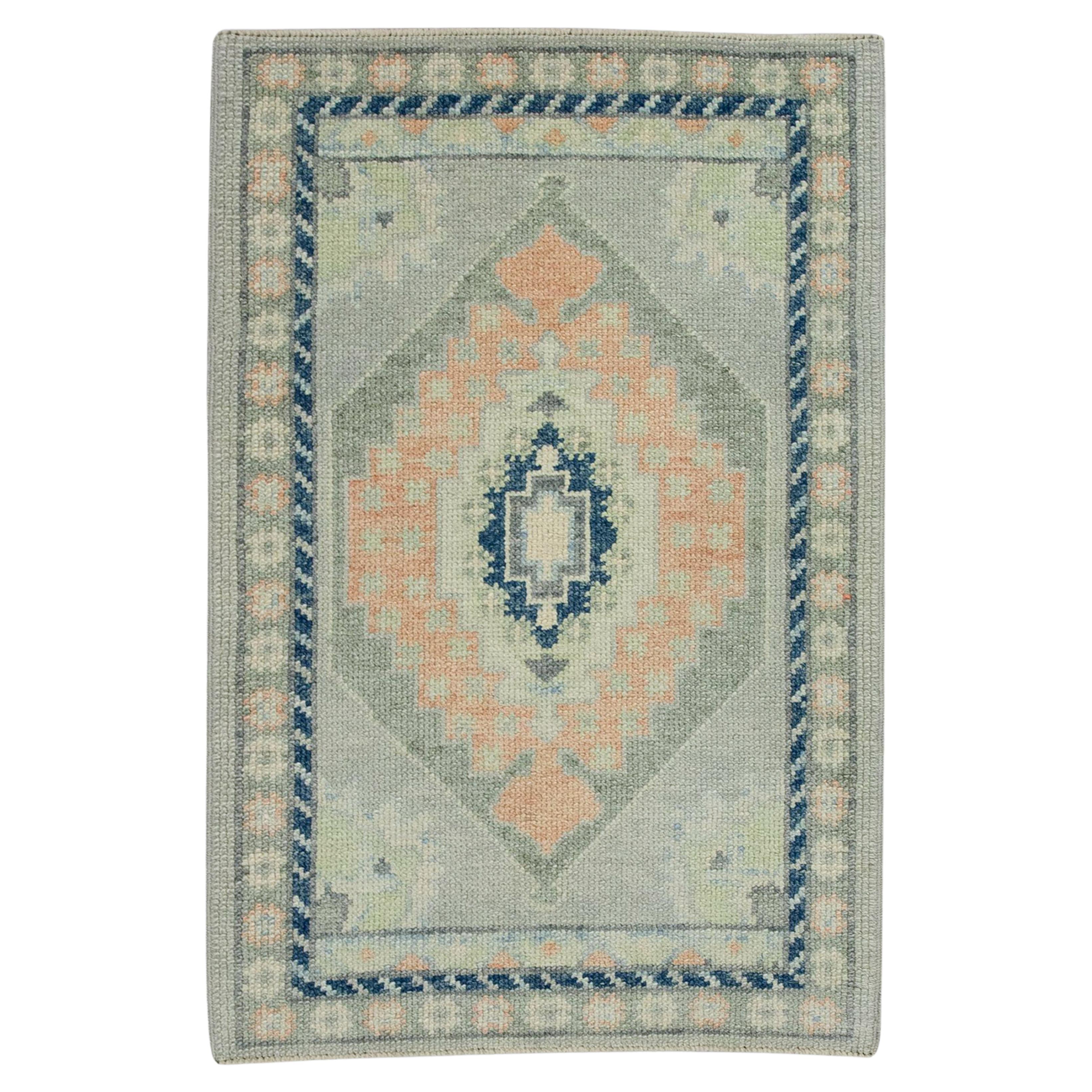 Blue and Pink Geometric Design Handwoven Wool Turkish Oushak Rug For ...