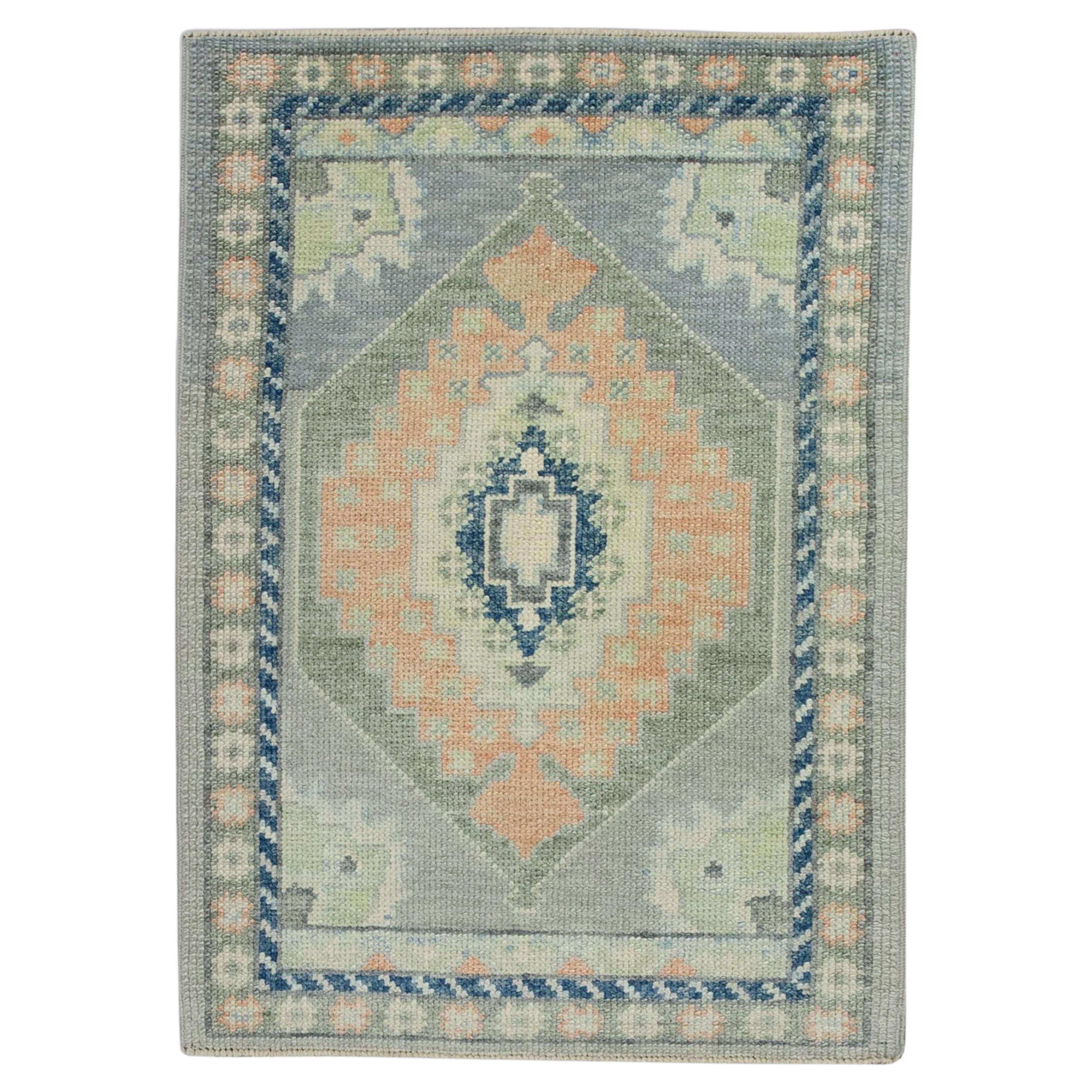 Blue and Pink Geometric Design Handwoven Wool Turkish Oushak Rug For ...