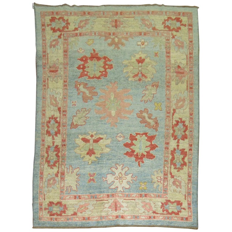 Blue Pink Vintage Inspired Oushak Rug For Sale at 1stDibs