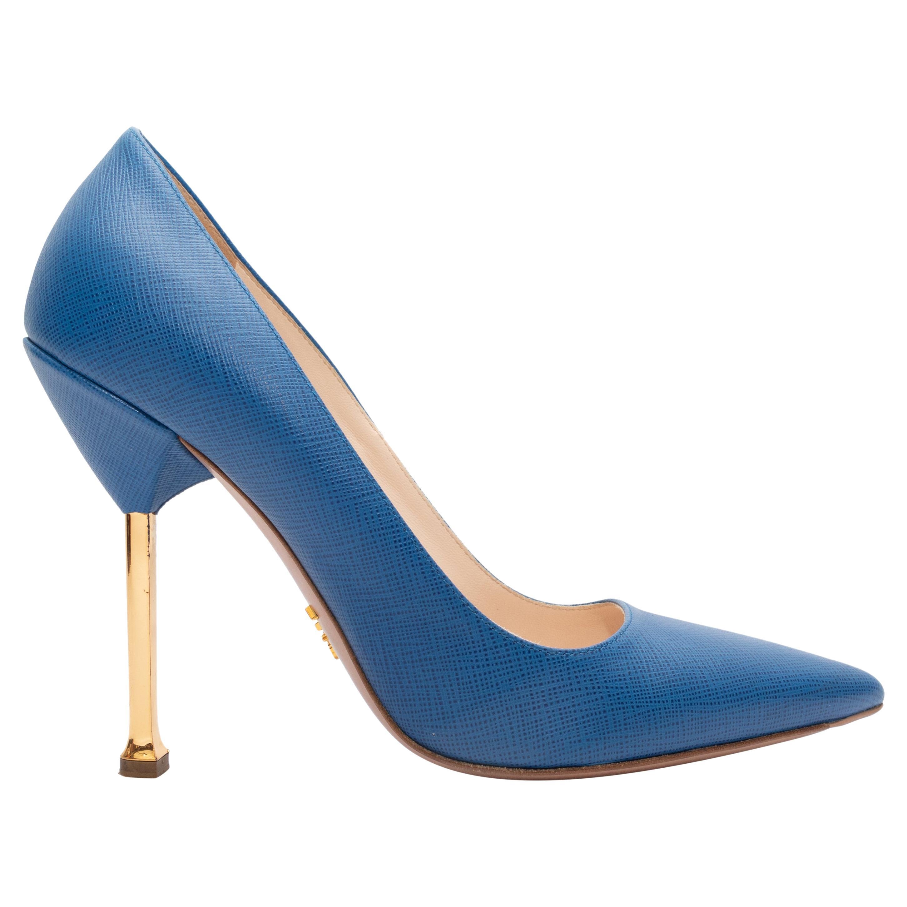 Prada Blue Leather Pointed-Toe Pumps For Sale at 1stDibs