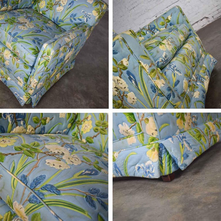 Blue Quilted Chintz Original Cabbage Rose Floral Hollywood Regency Club ...