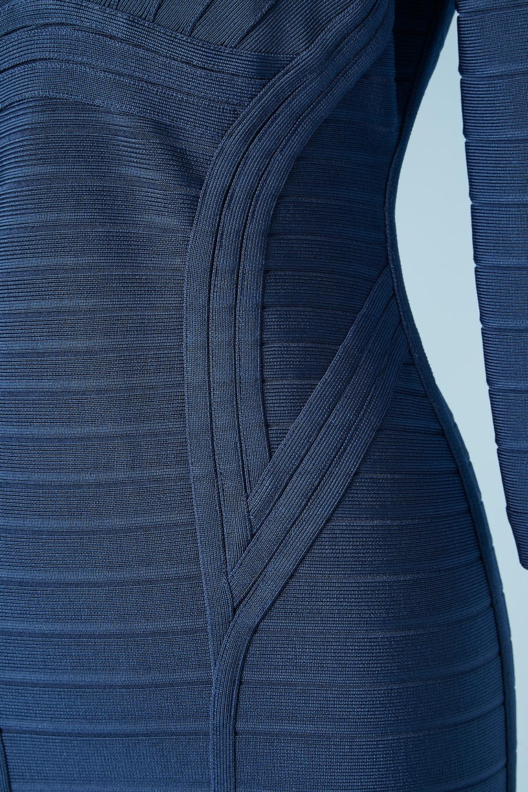Blue rayon knit cocktail dress with strips Hervé Léger For Sale at 1stDibs
