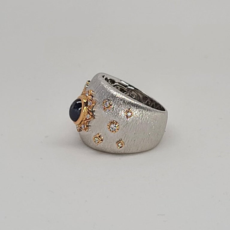 Blue Sapphire 18k White Rose Gold Diamonds Cocktail Ring in Florentine ...