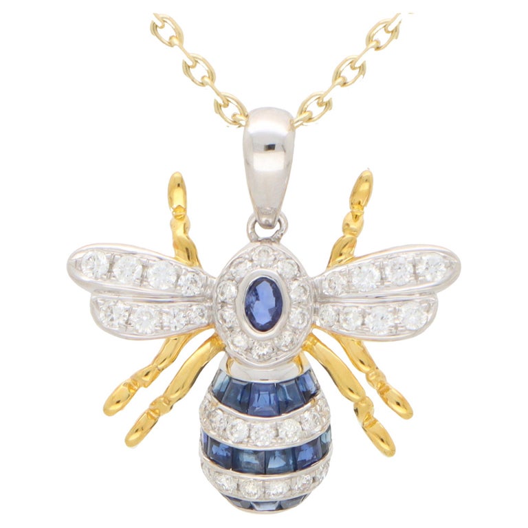 Blue Sapphire and Diamond Bee Pendant Set in 18k White and Yellow Gold ...