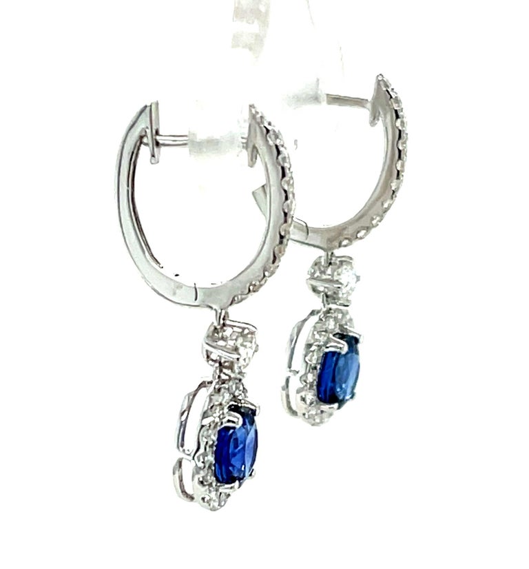 Blue Sapphire and Diamond Dangle Hoop Drop Clip Earrings For Sale at ...