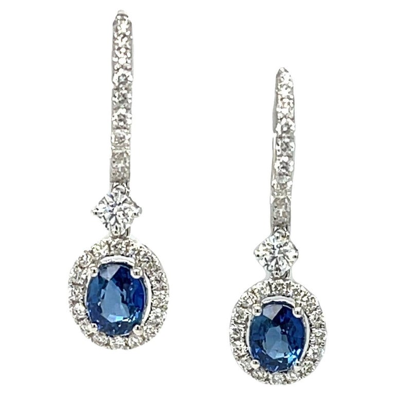 Blue Sapphire and Diamond Dangle Hoop Drop Clip Earrings For Sale at ...
