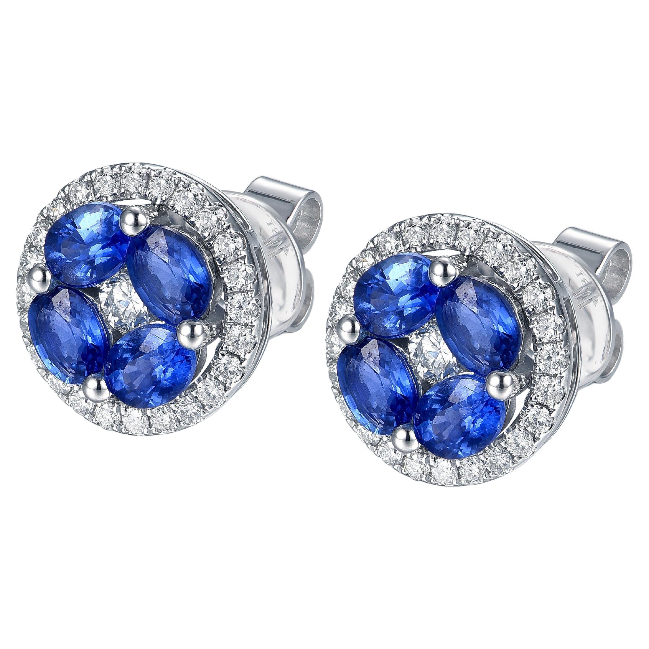 4.24 Carat Blue Sapphire and Diamond Floral Button Earrings at 1stDibs