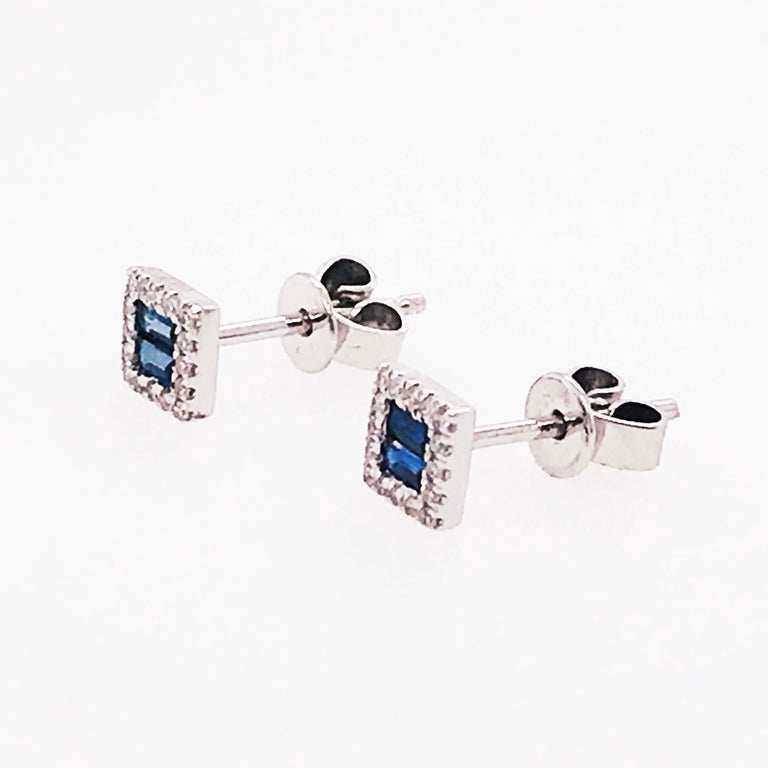 Blue Sapphire and Diamond Earrings, Square Sapphire Studs with Diamond ...