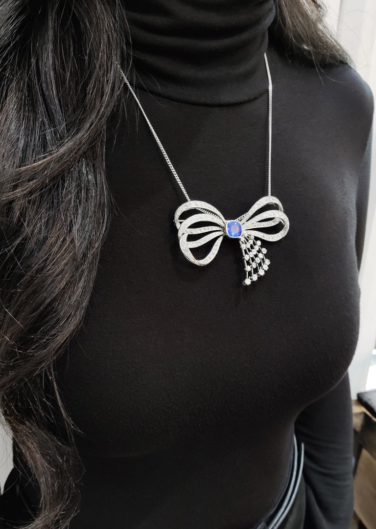 Blue Sapphire and Old Mine Cut Diamond Platinum Bow Spray Brooch, circa ...