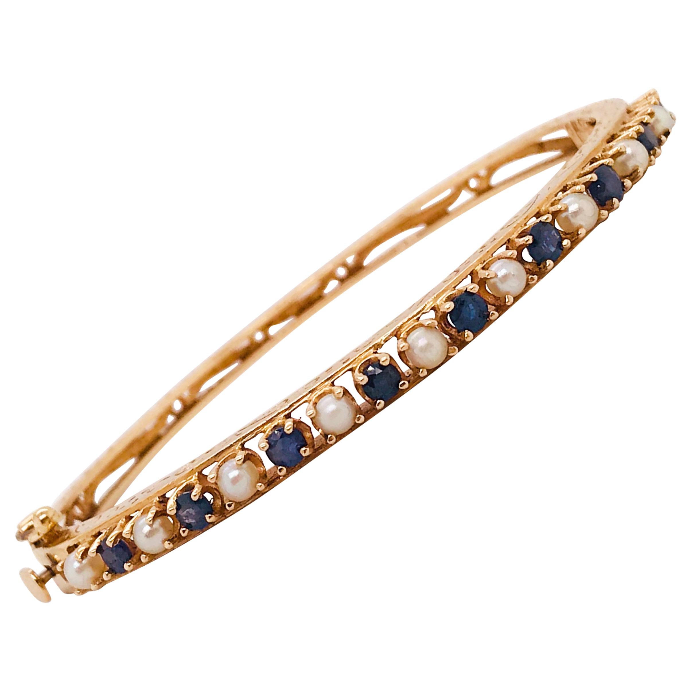 Blue Sapphire and Pearl Estate Clamp Bracelet 'Bangle/Cuff' in 14 Karat ...
