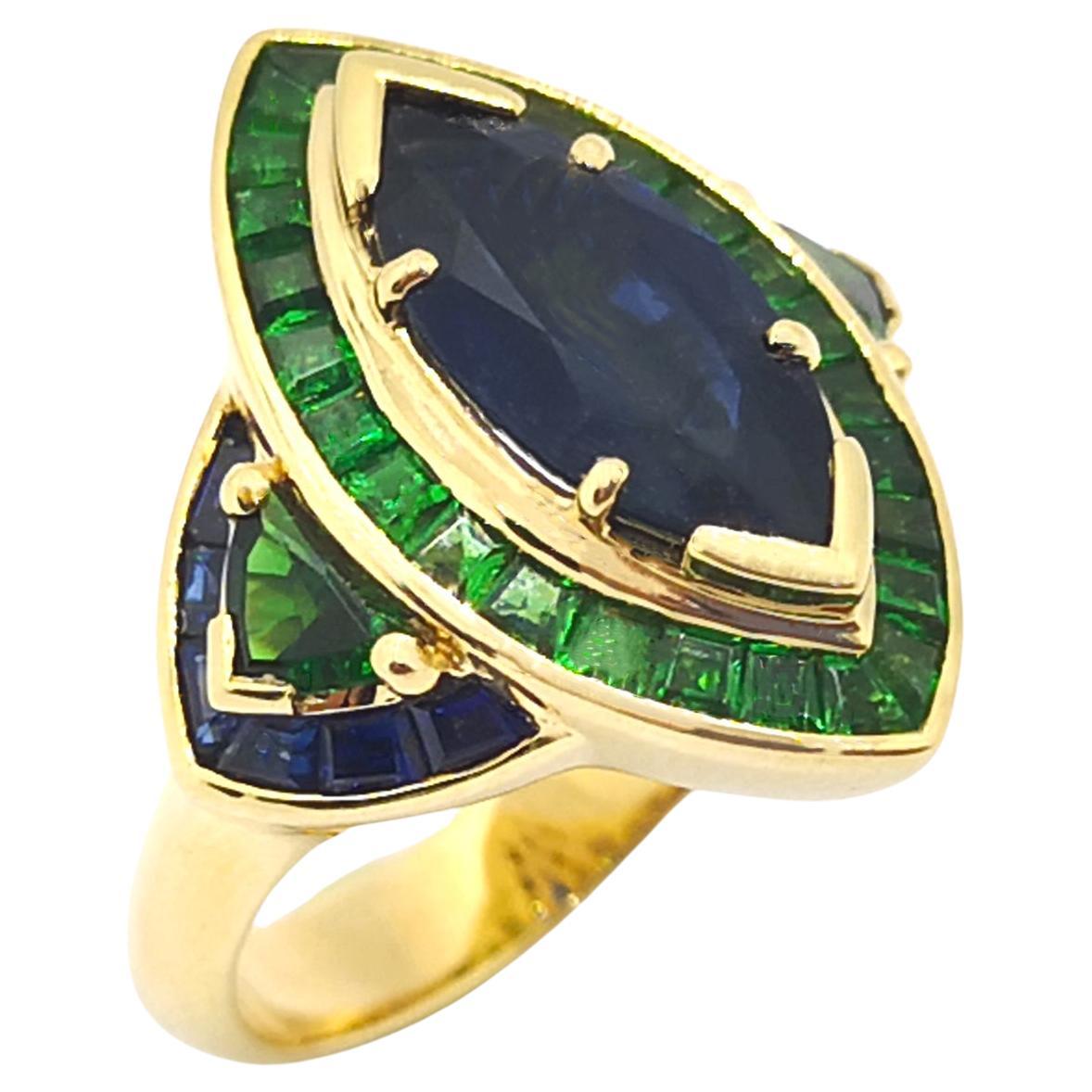 Blue Sapphire, Tsavorite and Diamond Ring set in 18K Gold Settings For ...