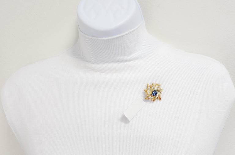 Blue Sapphire and White Diamond Brooch in 18k and Platinum For Sale at ...