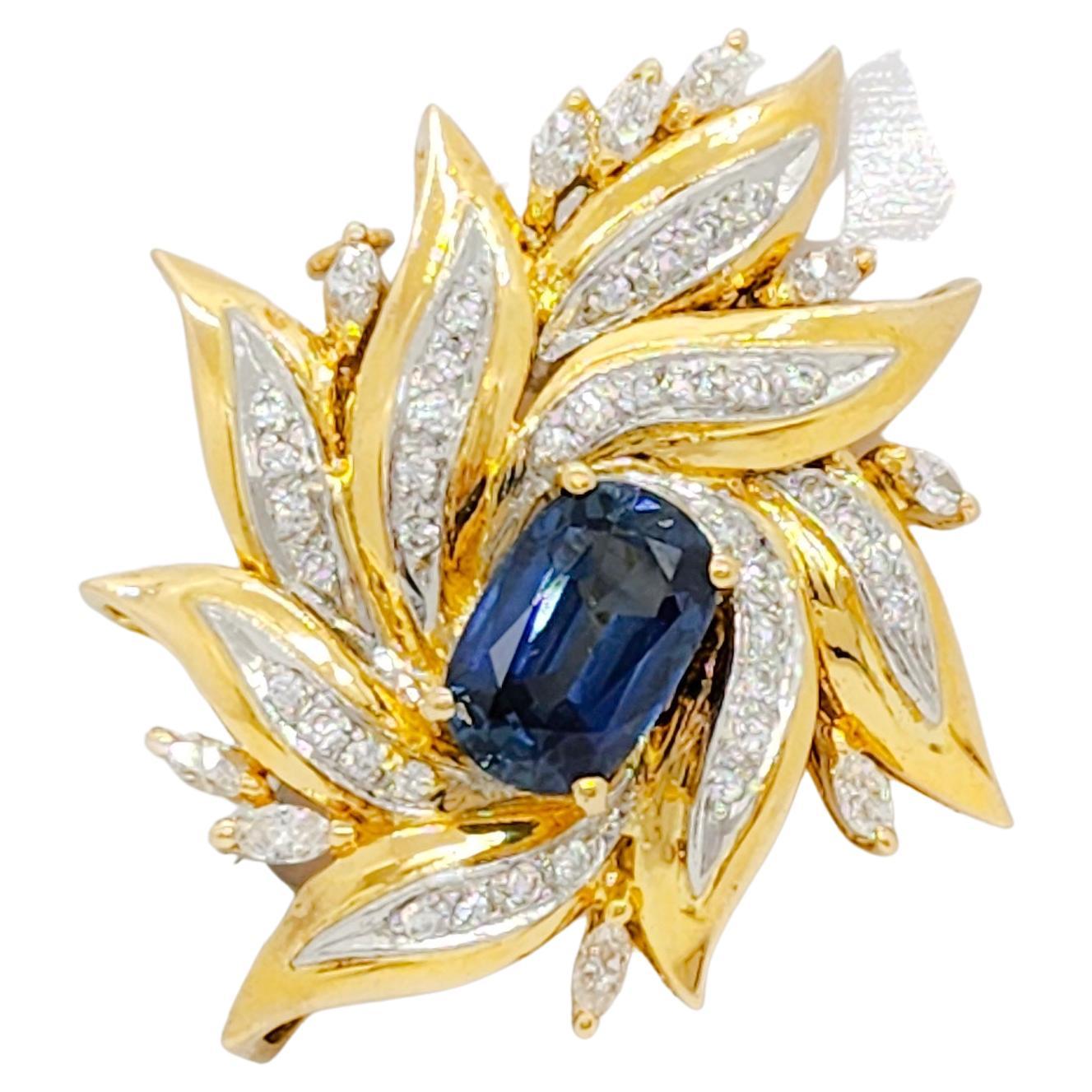 Vintage Vibrant Blue Sapphire and Diamond Platinum Brooch For Sale at ...