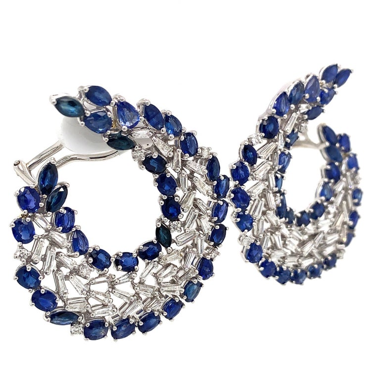 Blue Sapphire and Baguette Diamond C-Shape Earrings For Sale (Free ...