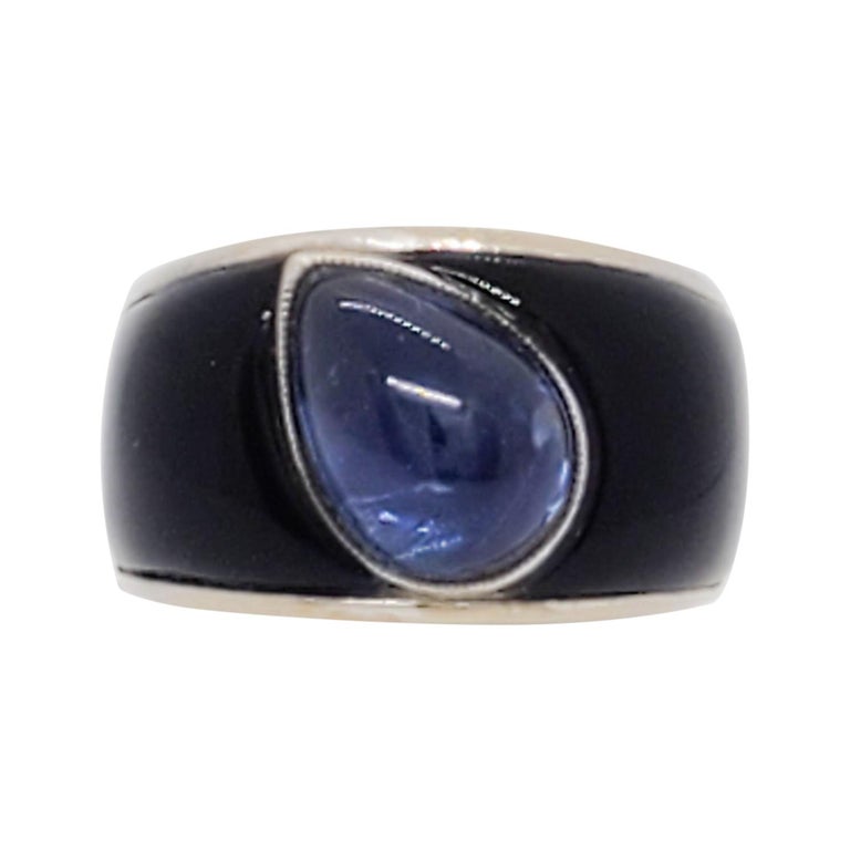 Blue Sapphire Cabochon Pear and Onyx Cocktail Ring in 18k White Gold ...