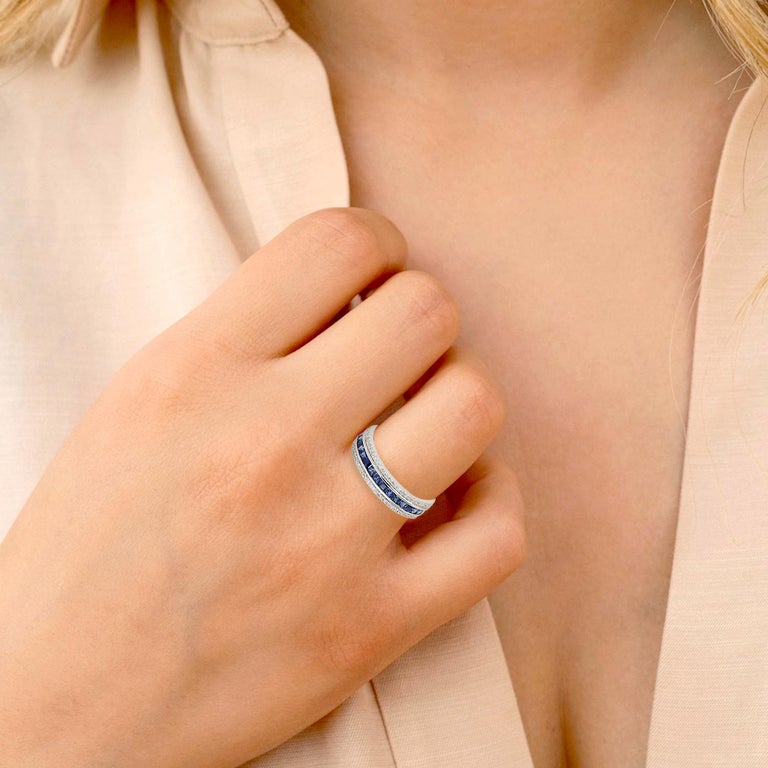 Blue Sapphire Channel Set Band Ring with Diamonds Made in White Gold ...