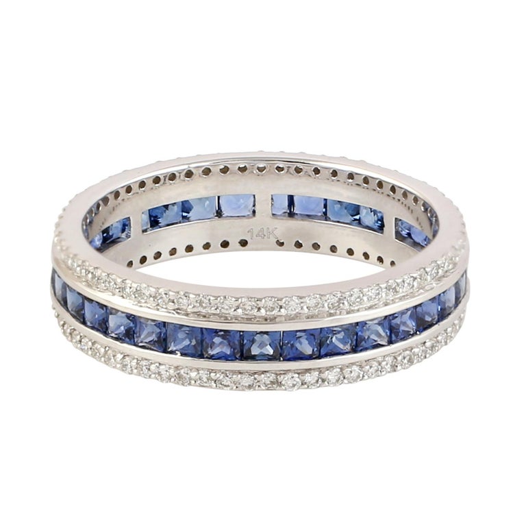 Blue Sapphire Channel Set Band Ring with Diamonds Made in White Gold ...