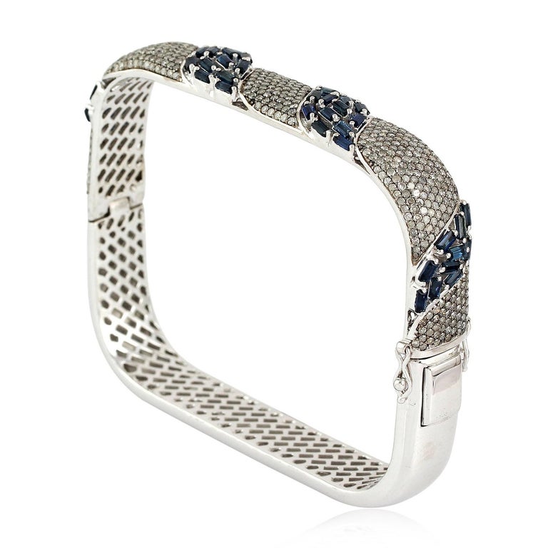 Blue Sapphire Cuff in Cushion Shape with Diamonds Made in 18k Gold and ...