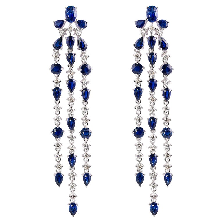 Blue Sapphire Dangle Earring in 18 Karat White Gold For Sale at 1stDibs