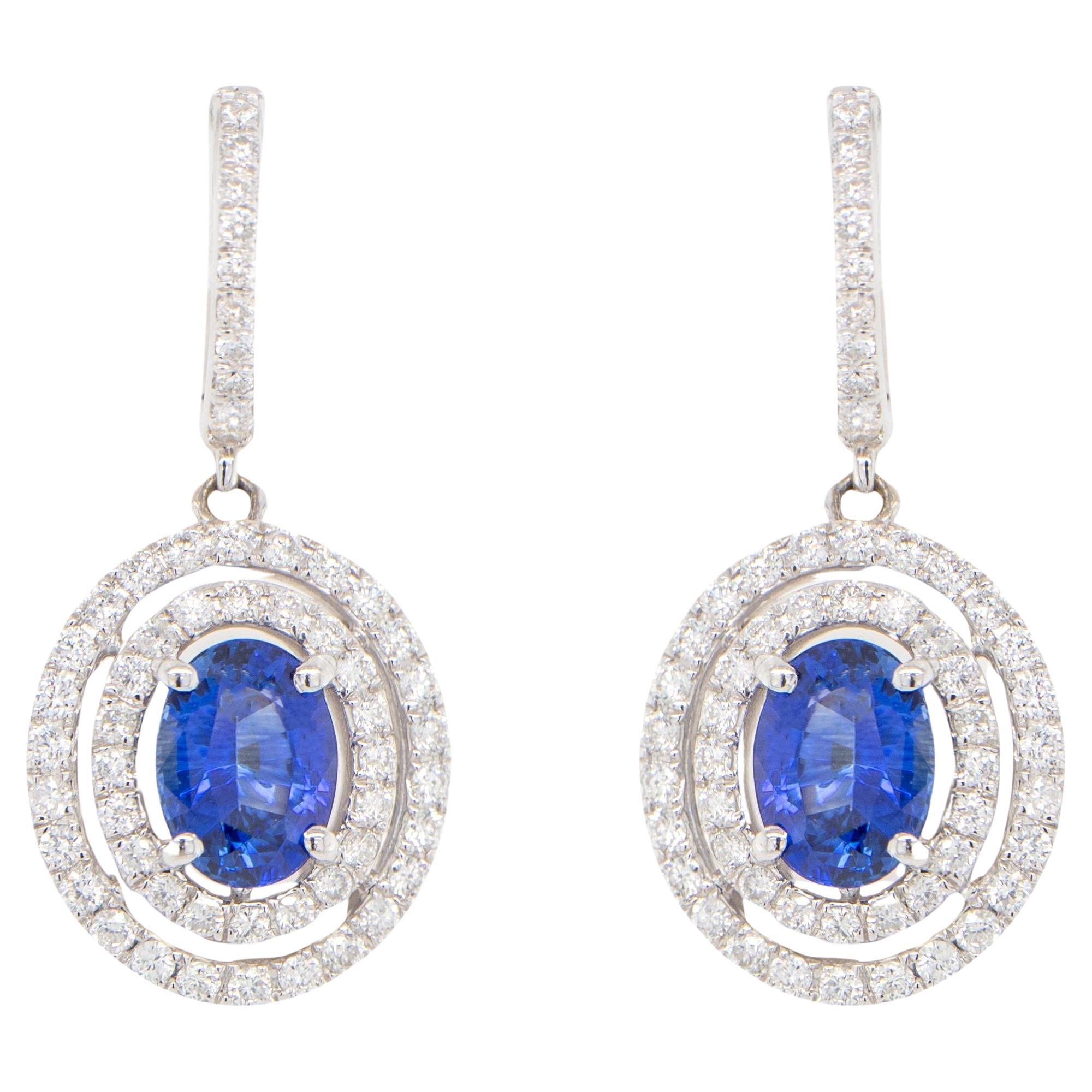 Blue Sapphire Dangle Earrings With Diamonds 3.28 Carats 18K Gold For ...