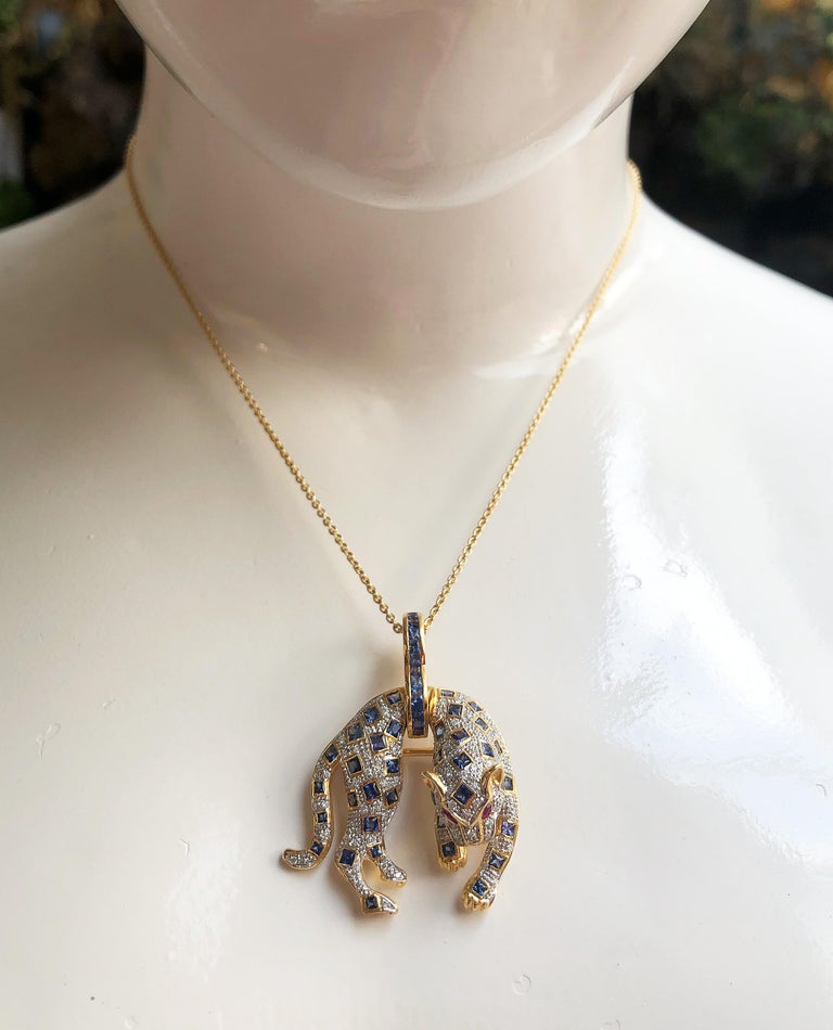 Blue Sapphire, Diamond and Ruby Panther Brooch/Pendant Set in 18K Gold ...