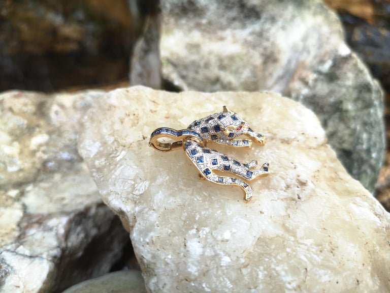Blue Sapphire, Diamond and Ruby Panther Brooch/Pendant Set in 18K Gold ...