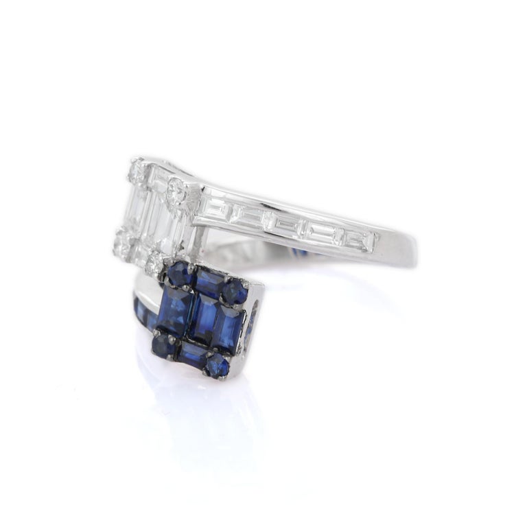Customizable Natural Blue Sapphire and Diamond Cluster Bypass Ring in 18k Solid White Gold For ...