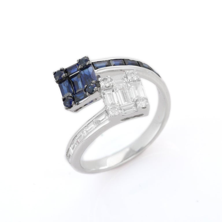 Customizable Natural Blue Sapphire and Diamond Cluster Bypass Ring in 18k Solid White Gold For ...