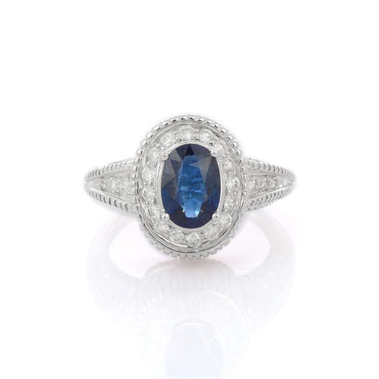 Customizable Blue Sapphire Amid Diamonds in 18K Solid White Gold Wedding Ring For Sale at 1stDibs