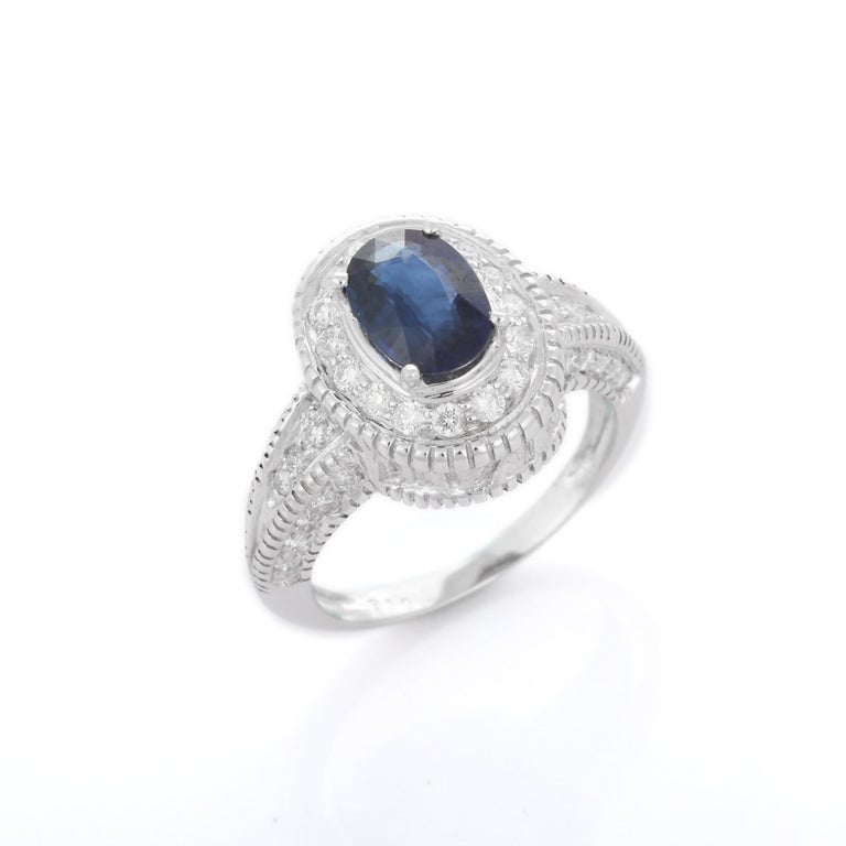 Customizable Blue Sapphire Amid Diamonds in 18K Solid White Gold Wedding Ring For Sale at 1stDibs