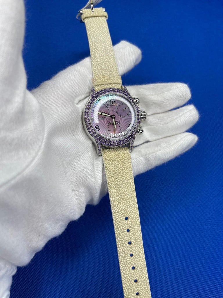 Amethyst and Diamond Pave Dial Luxury Swiss Quartz Exotic Leather Band ...