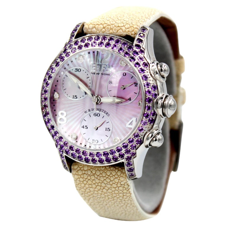 Amethyst and Diamond Pave Dial Luxury Swiss Quartz Exotic Leather Band ...