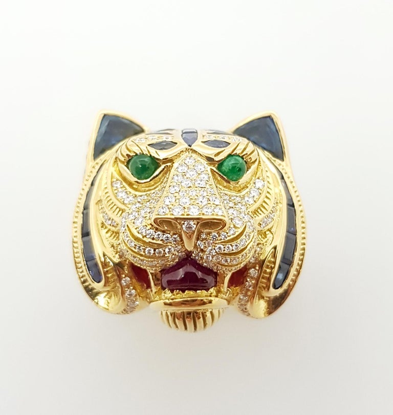 Blue Sapphire, Diamond with Ruby and Emerald Tiger Ring Set in 18 Karat ...