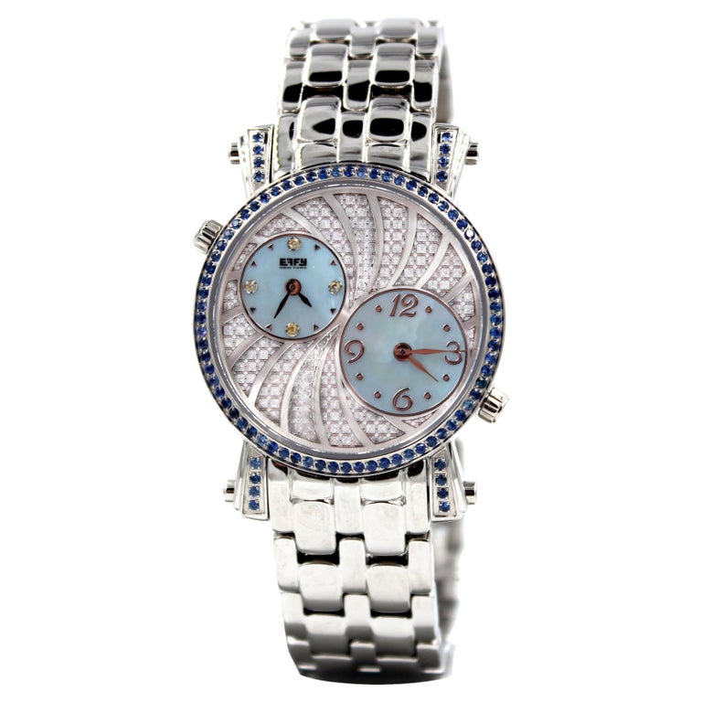 Blue Sapphire and Diamonds Pave Dial Luxury Swiss Quartz Exotic Leather ...