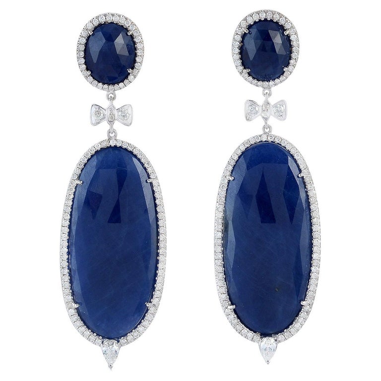 Blue Sapphire Drop Shaped Earring with Pave Diamonds Made in 18k White Gold For Sale at 1stDibs