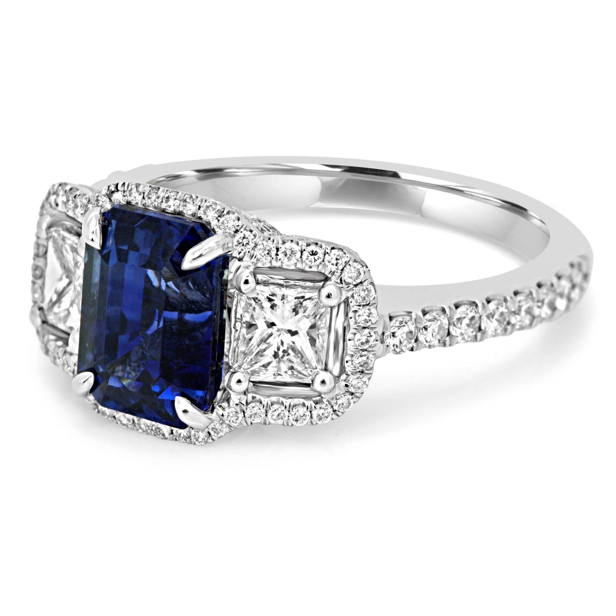 Blue Sapphire White Diamond Halo Three-Stone Bridal Cocktail Fashion ...