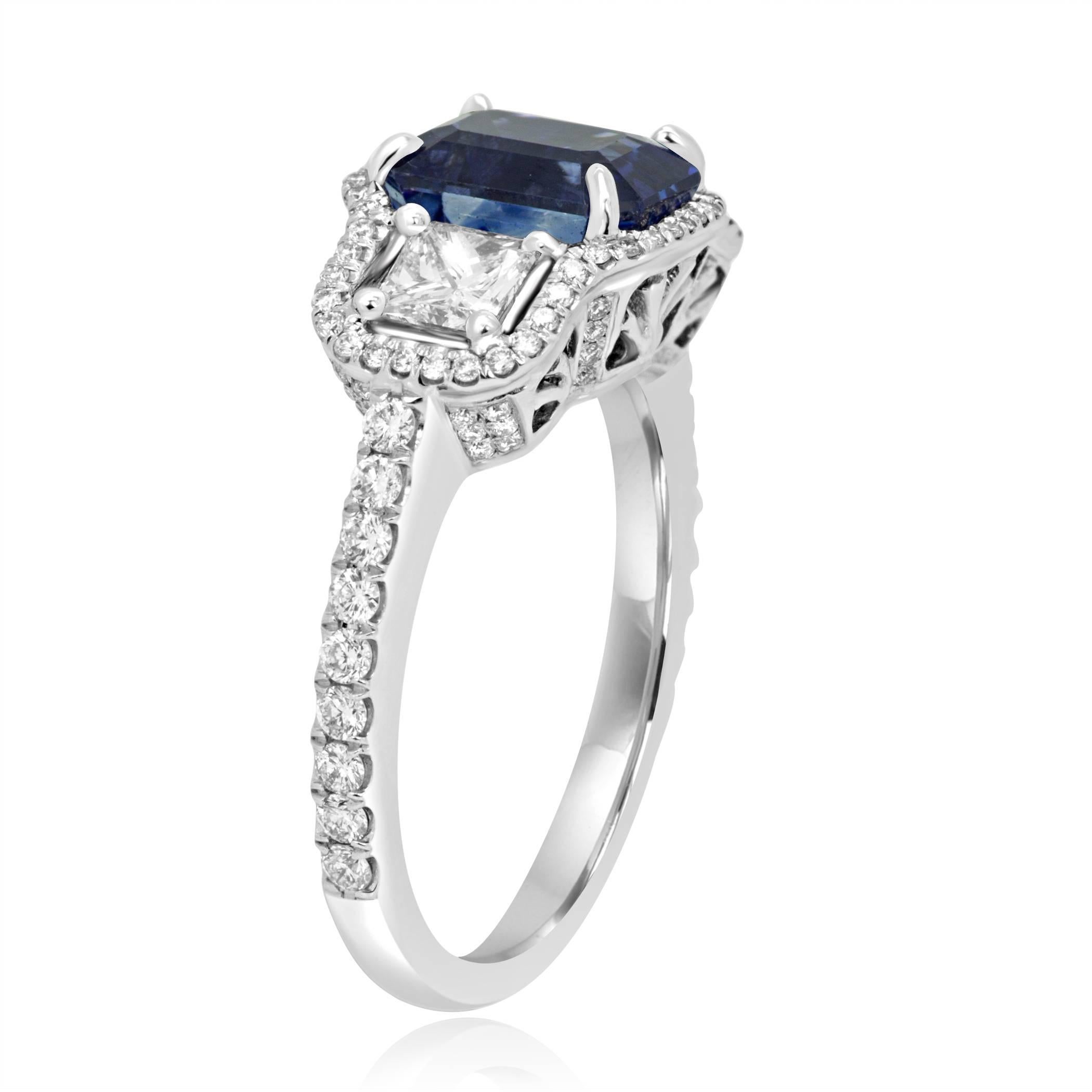 Blue Sapphire White Diamond Halo Three-Stone Bridal Cocktail Fashion ...