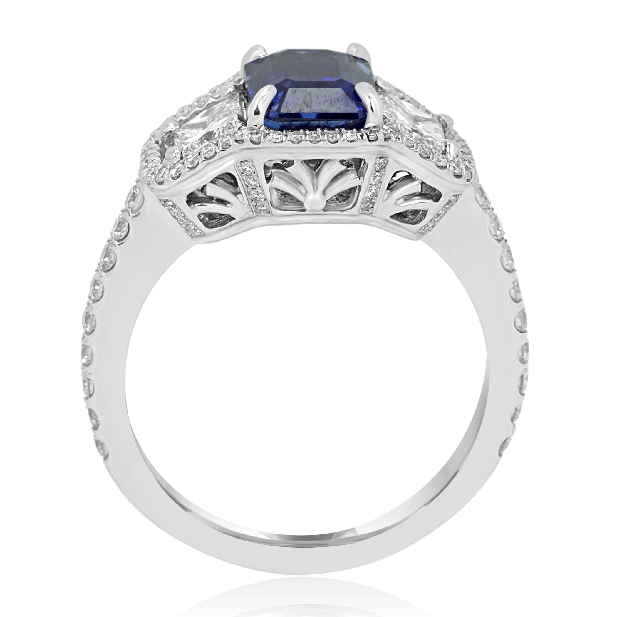 Blue Sapphire White Diamond Halo Three-Stone Bridal Cocktail Fashion Gold Ring at 1stDibs | blue ...