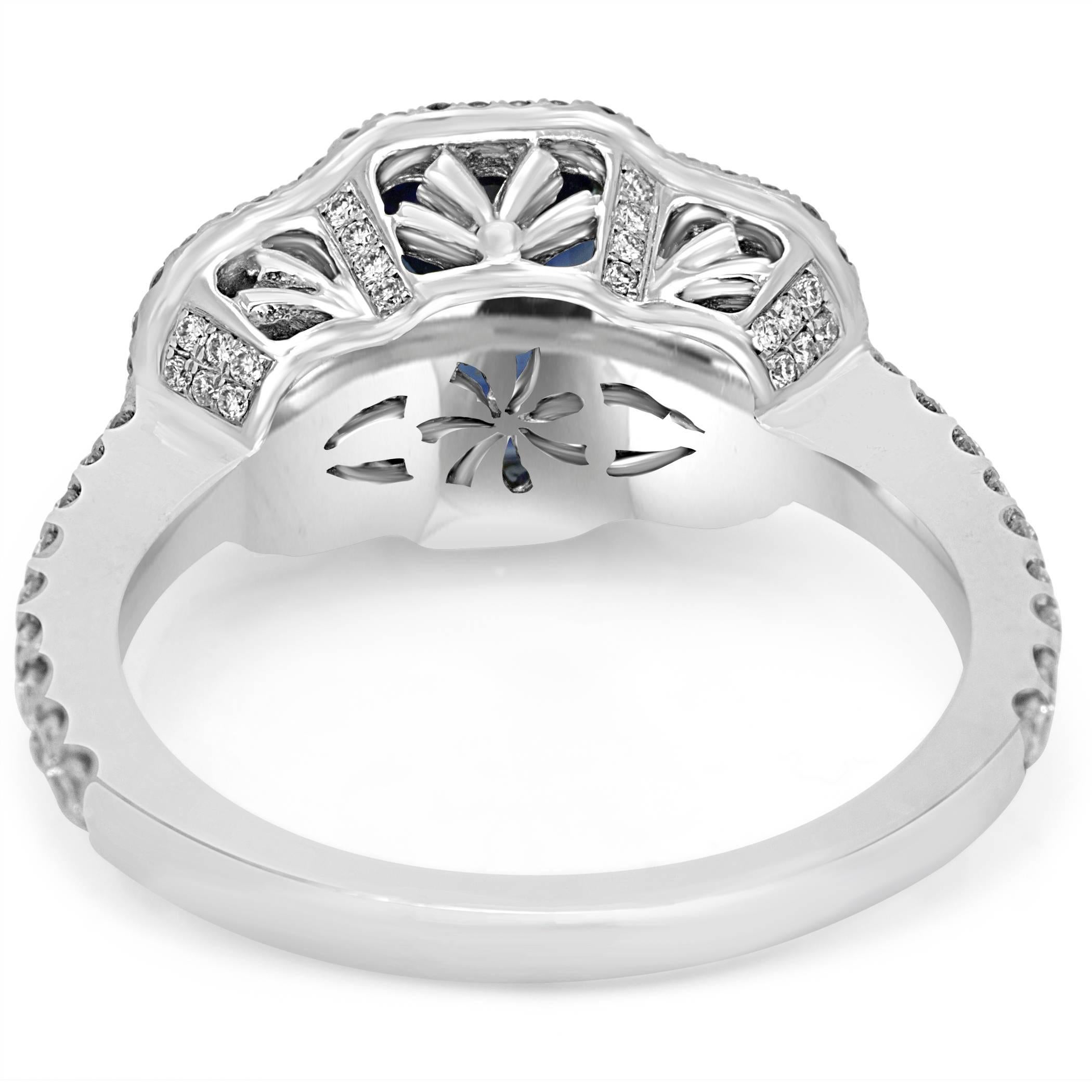 Blue Sapphire White Diamond Halo Three-Stone Bridal Cocktail Fashion Gold Ring at 1stDibs | blue ...