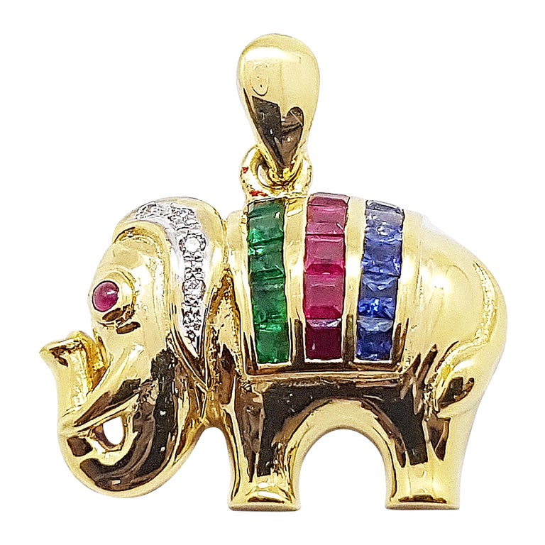 Blue Sapphire, Emerald, Ruby, Diamond Elephant Pendant Set in 18k Gold ...