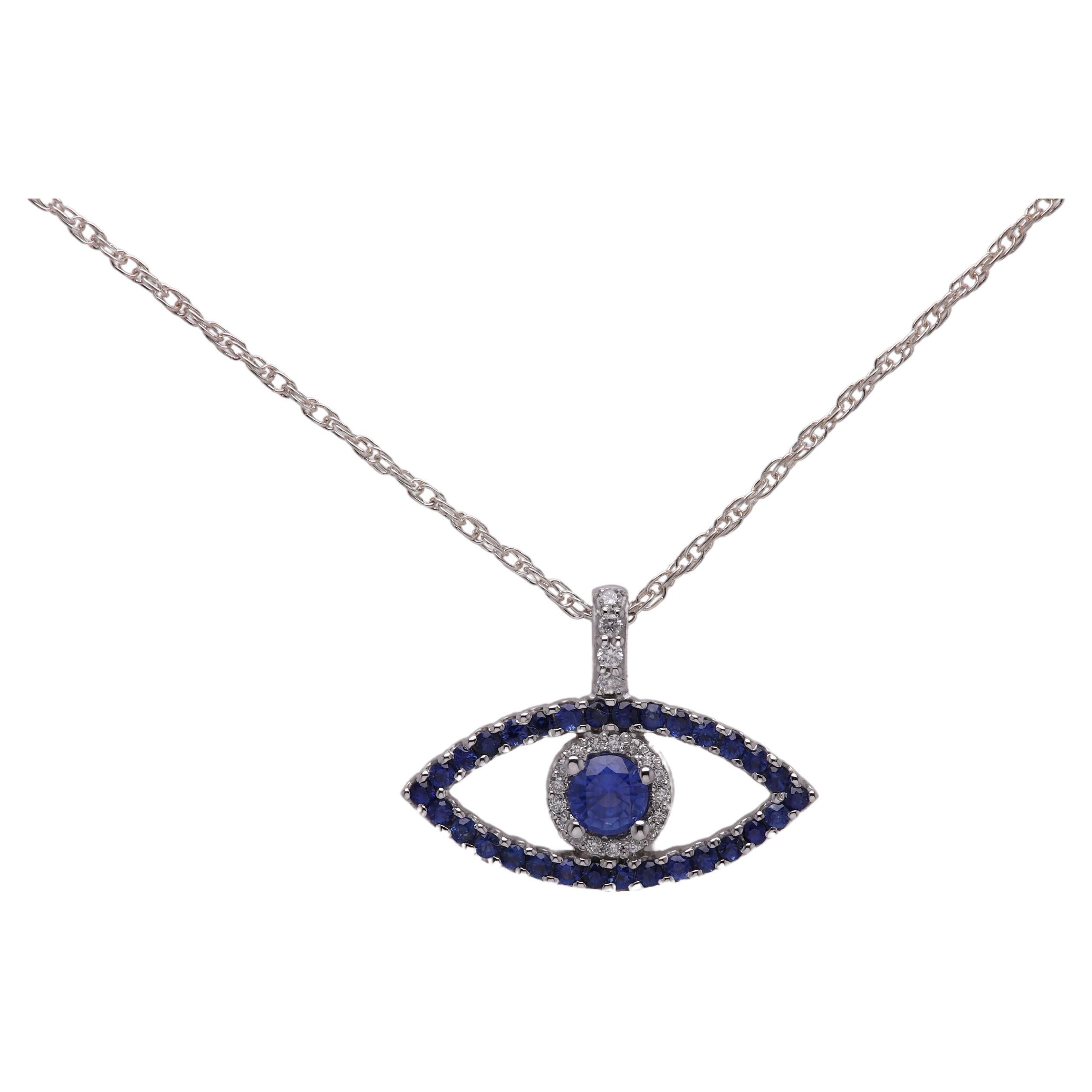 14 Karat White Gold 0.18 Carat Diamond and Sapphire Evil Eye Paperclip Necklace For Sale at 1stDibs