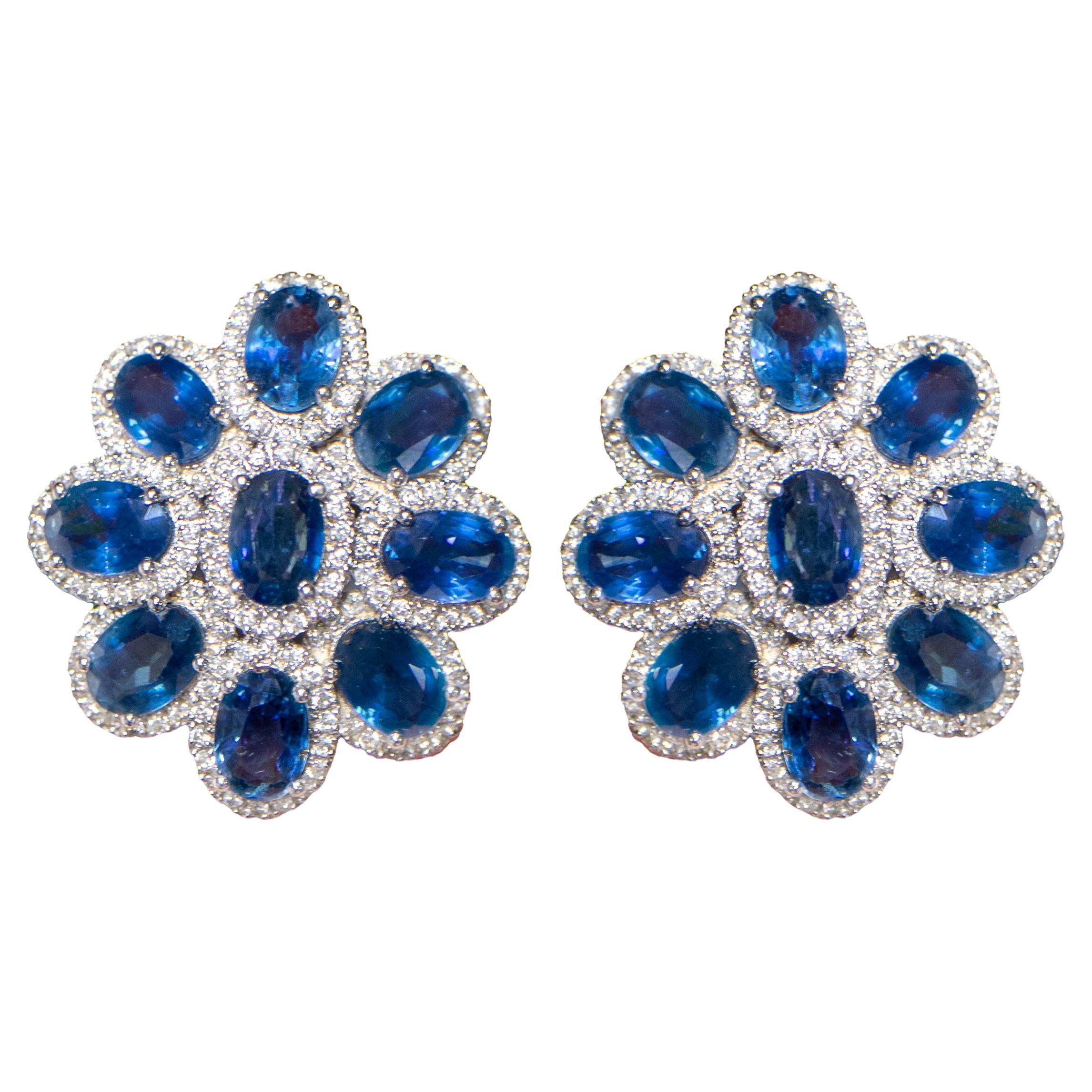 Blue Sapphire Flower Earrings With Diamonds 11 Carats 18K Gold For Sale ...