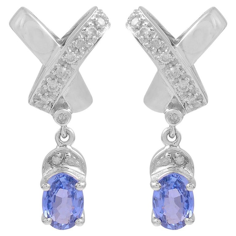 Blue Sapphire Gemstone Cross Design Earrings Diamond 14 Karat White ...