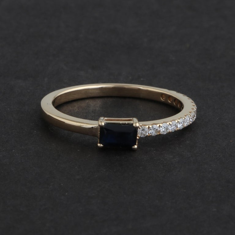 Blue Sapphire Gemstone Half Band Ring Diamond 18 Karat Yellow Gold Fine ...