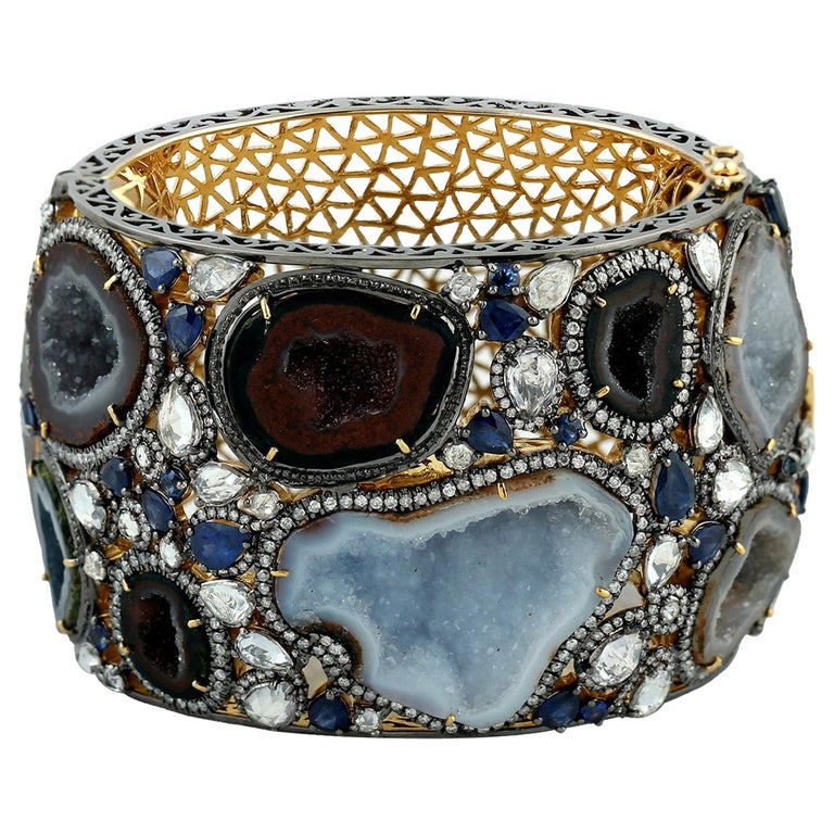 Blue Sapphire Geode Diamond Bracelet Cuff For Sale at 1stDibs