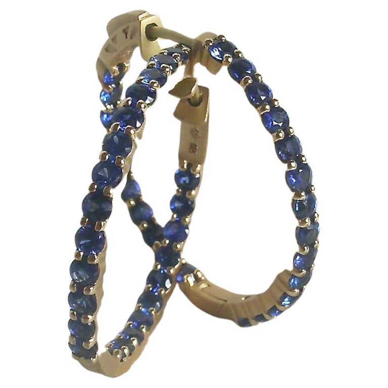 Blue Sapphire Hoop Earrings w/ 18k Gold For Sale at 1stDibs