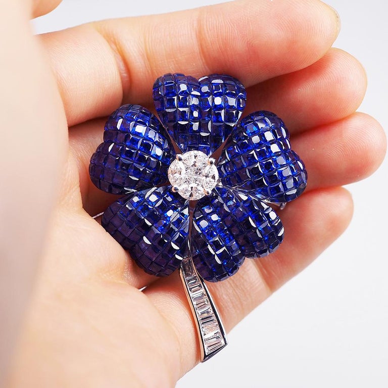 18 Karat White Gold Blue Sapphire Diamond Invisible Flower Brooch For ...