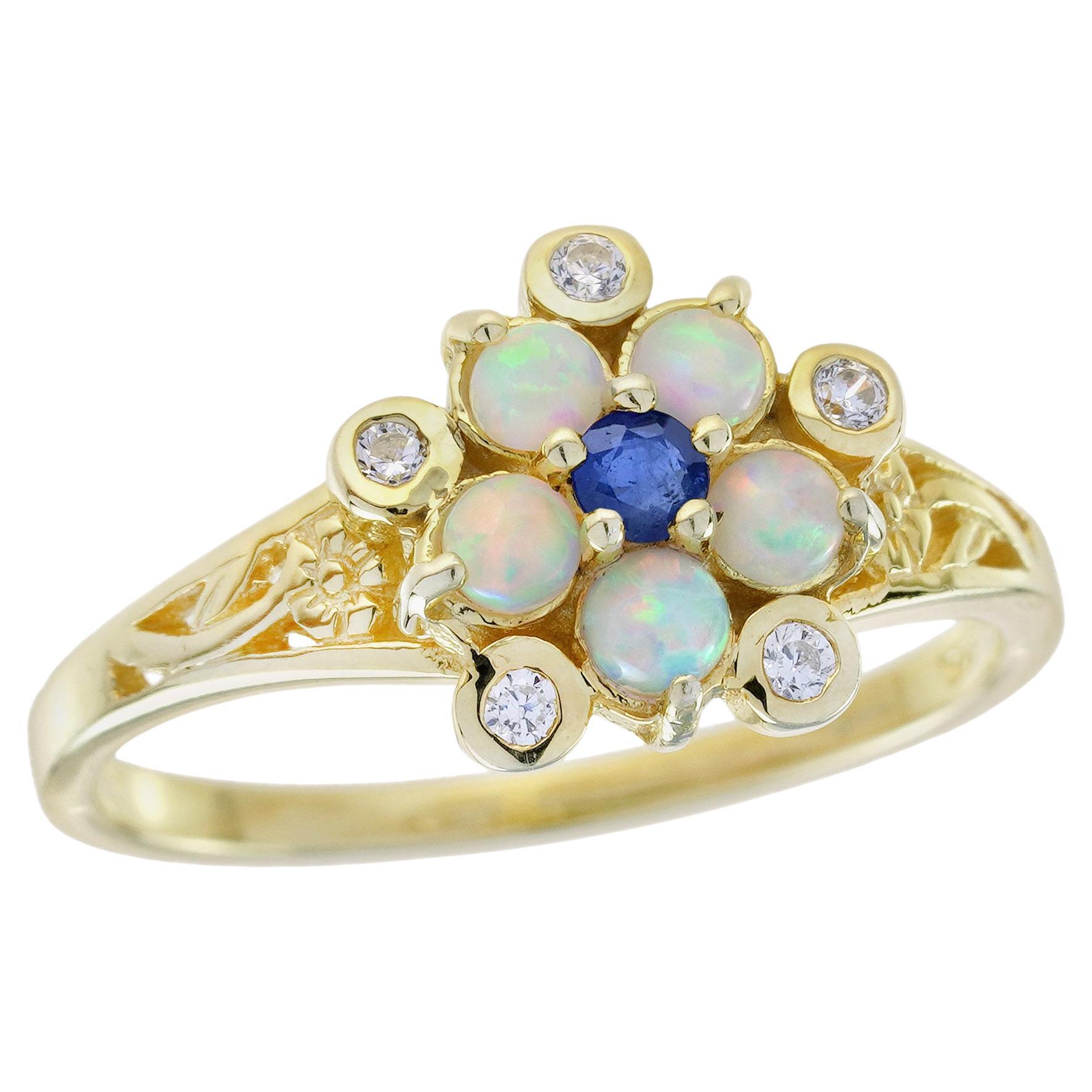 Blue Sapphire Opal and Diamond Vintage Style Floral Ring in Solid 14K ...